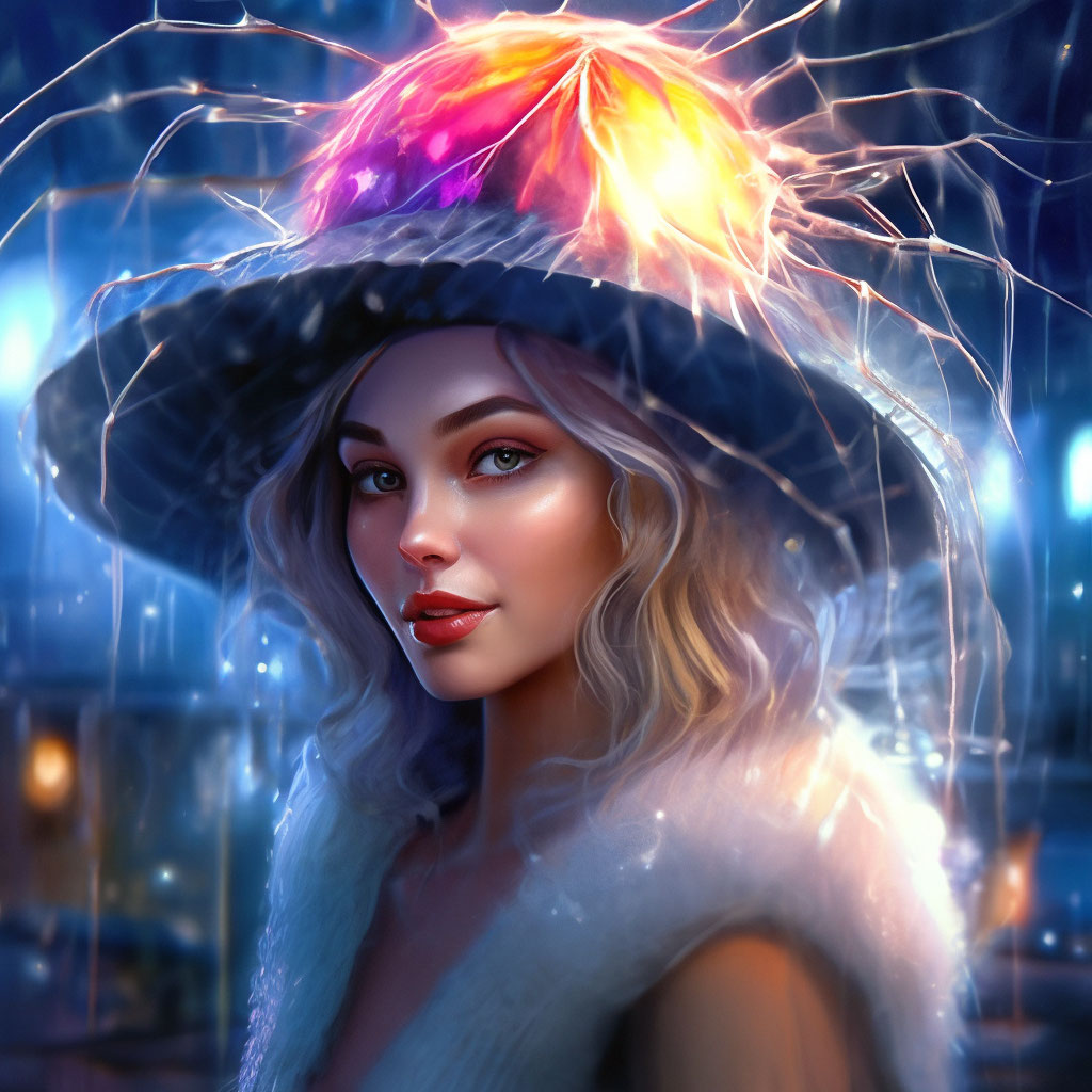 "A beautiful lady in an unusual hat, a beautiful round face, a big ...