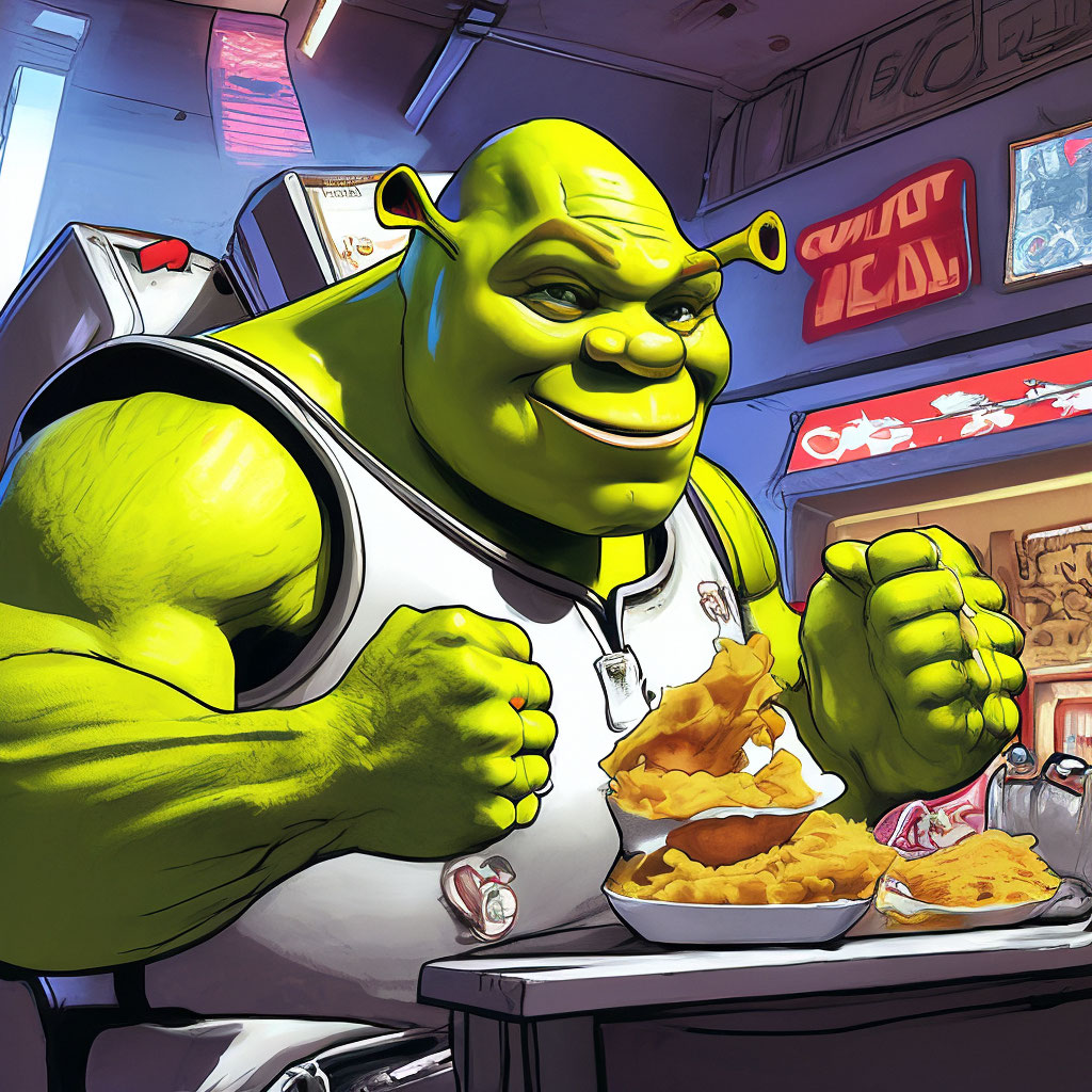 "Pumped-up Shrek eats KFC" — image created in Shedevrum