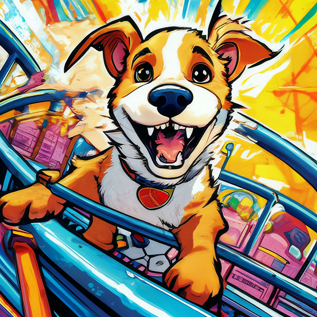 "Optimism😁 double exposure, anthropomorphic terrier rushes on a roller ...