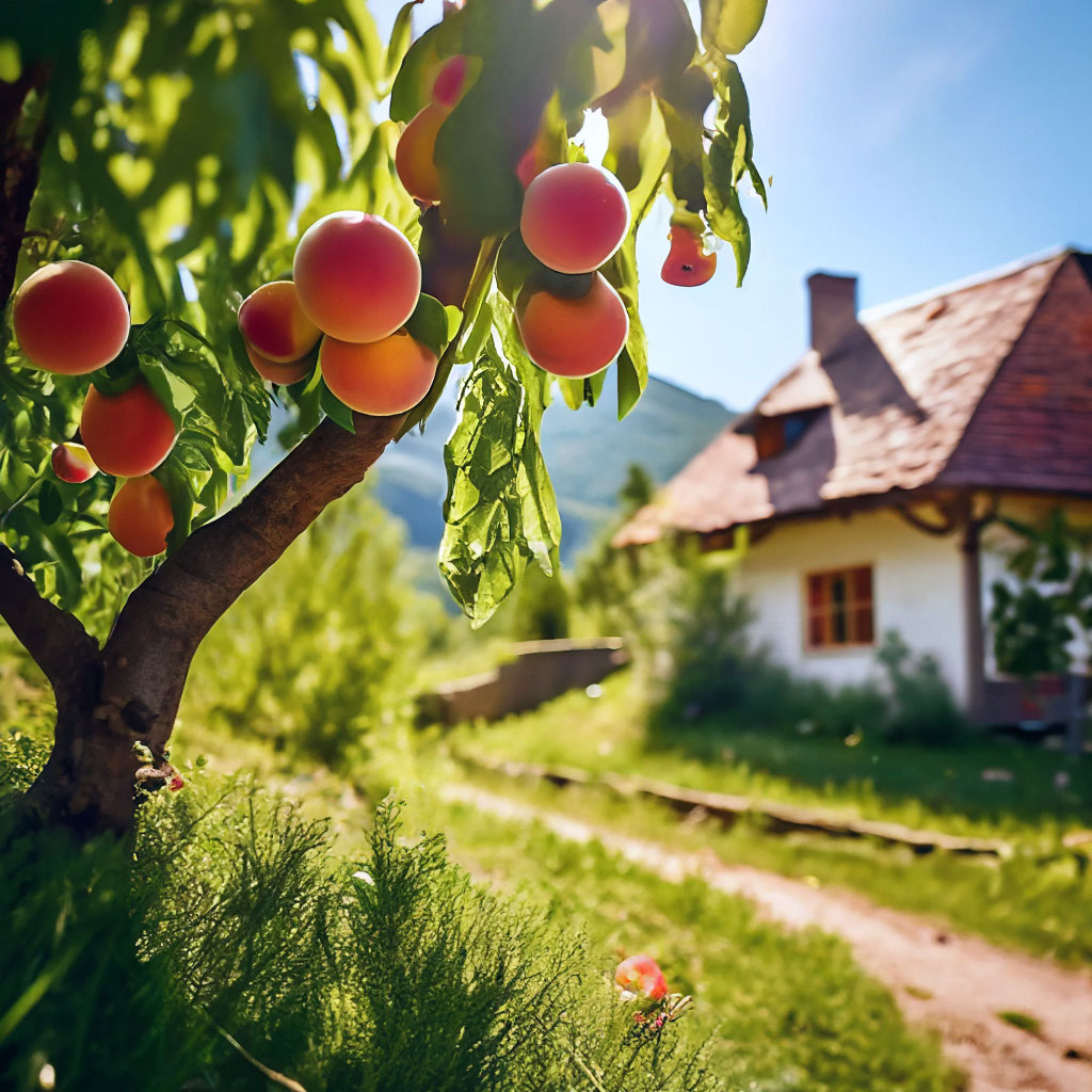 "Peach tree near the village house, promt by Angelika Rozanova, sun ...