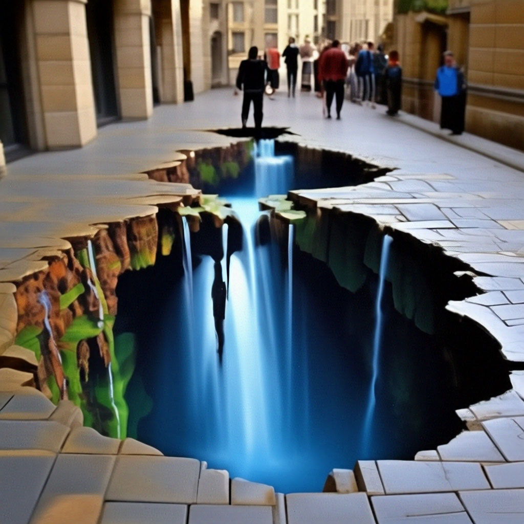 "Three-dimensional street graffiti by Julian Beaver waterfall into the ...