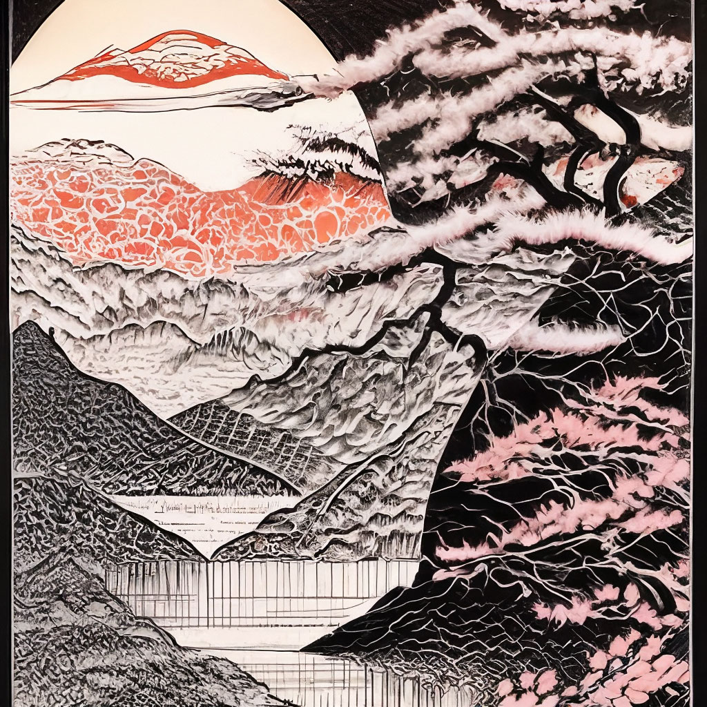 "Japanese landscape, sakura, engraving, Japanese style, graphic drawing ...