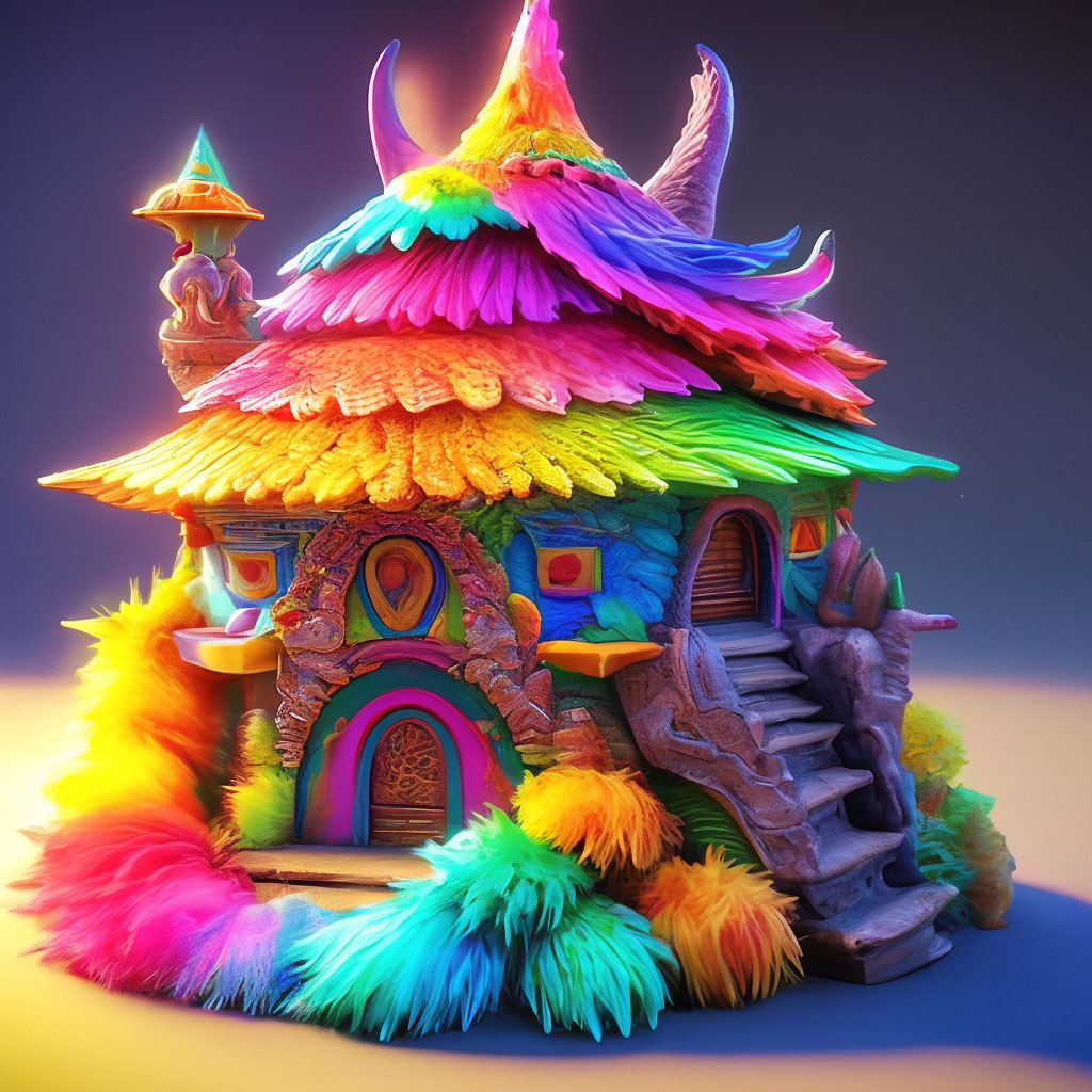 "Fluffy bright rainbow hut on dragon legs with a tower at the top #baba ...