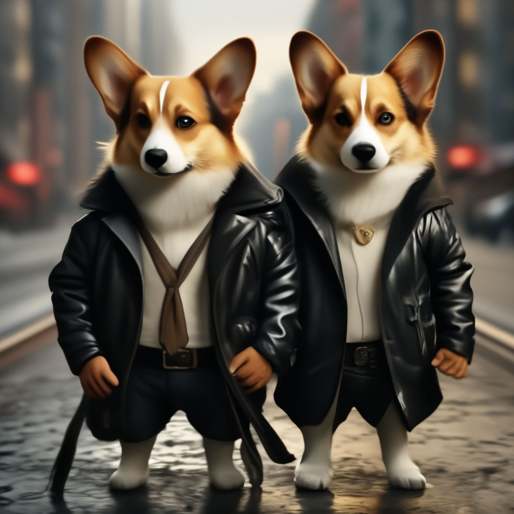 "Corgi on a gangster arrow with cats in the style of the film brigade ...