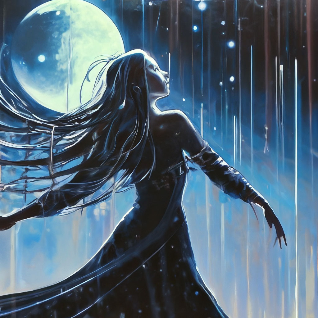 "Moonlight, goth girl dancing in the rain, endless space surrealism ...