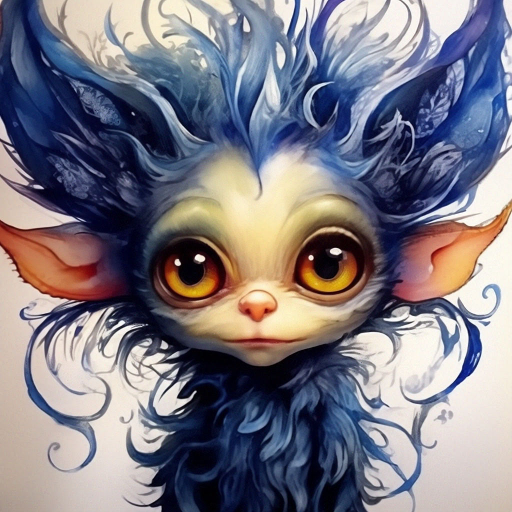 "☘️ Fabulous pixie with big eyes, cute shaggy creature, filigree ...