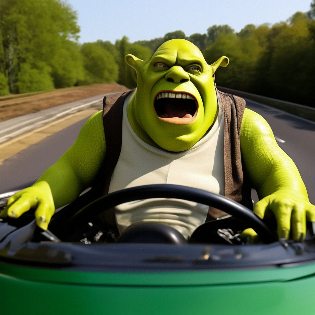 "The screaming Shrek barely fits into a sports car and drives along the ...
