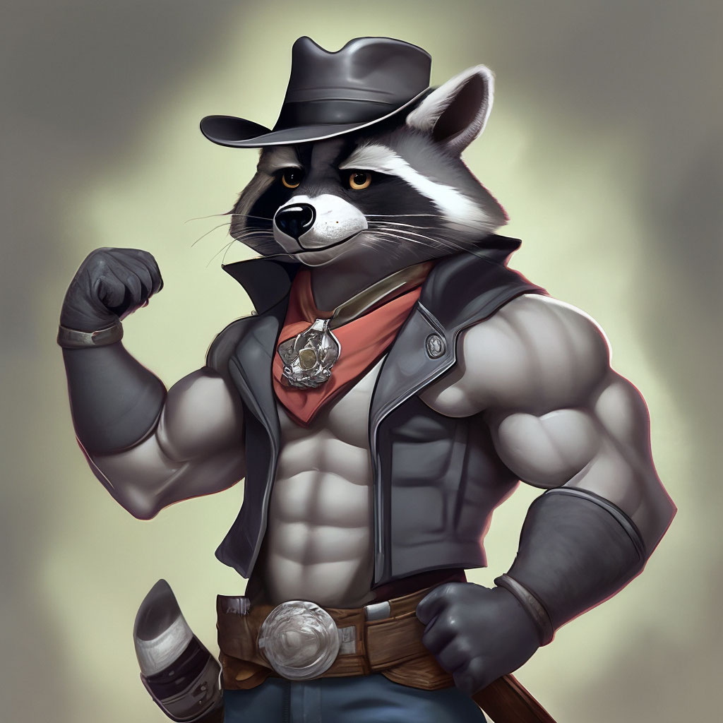 Muscular Anthropomorphic Gray Raccoon Cowboy Flexing Muscles Image