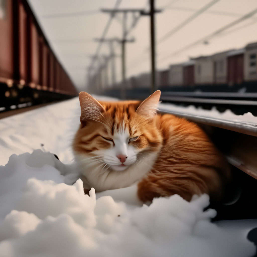 "Sepia, a red-and-white cat sleeps in the snow by the railway" — image ...