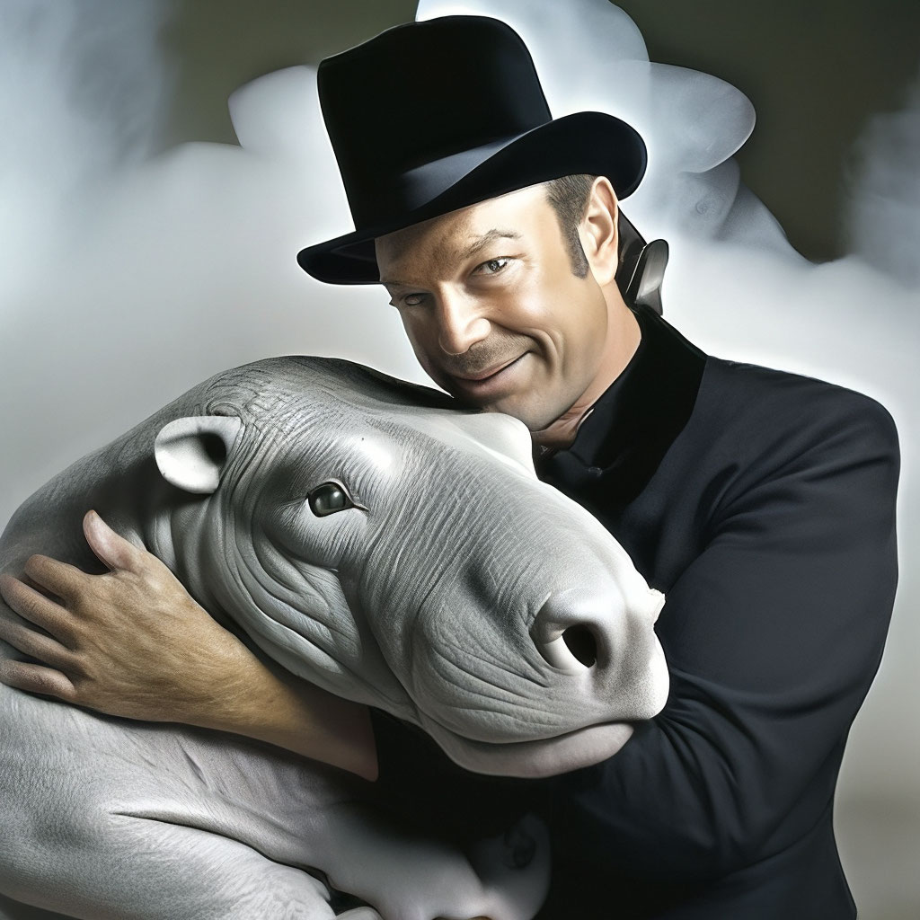 "& David Copperfield, hugging a hippo and a black cat, white smoke ...