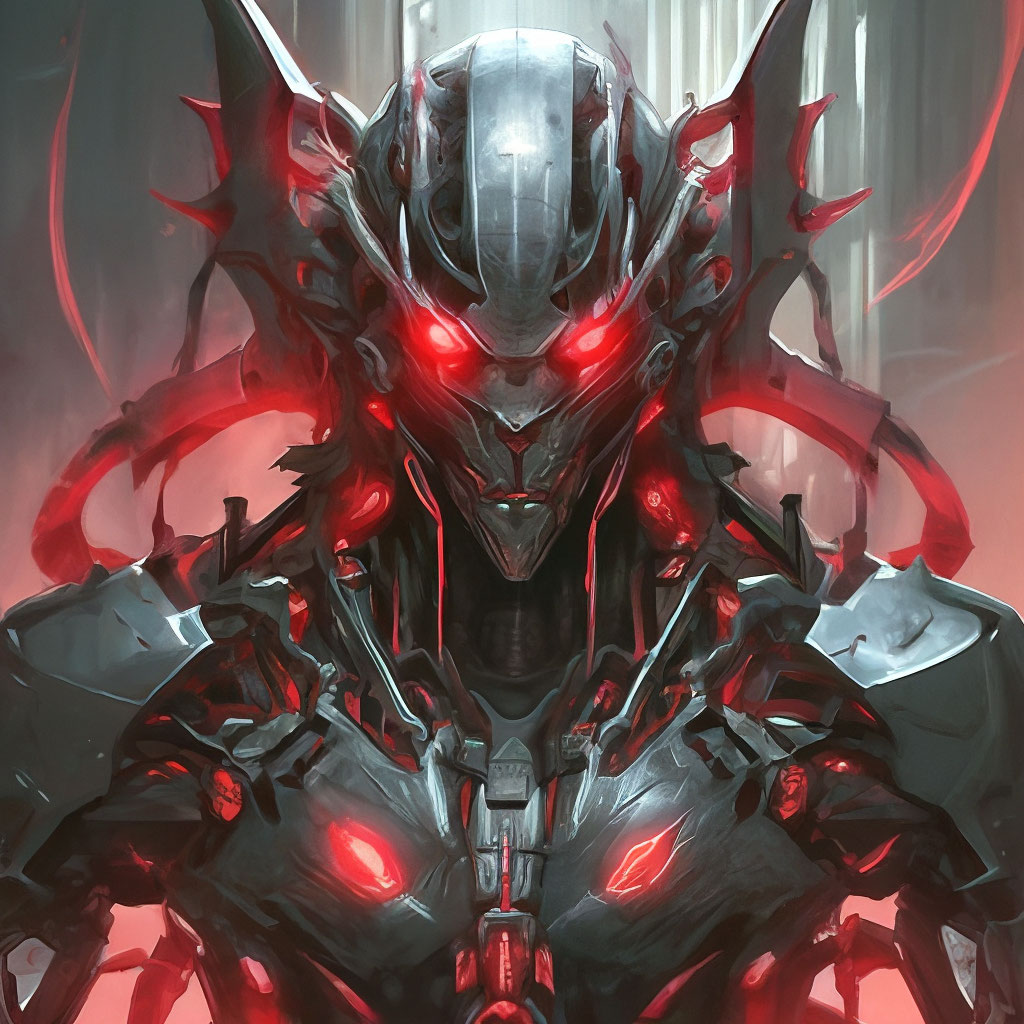 "A black cyborg demon with red eyes and a scarred face" — image created ...