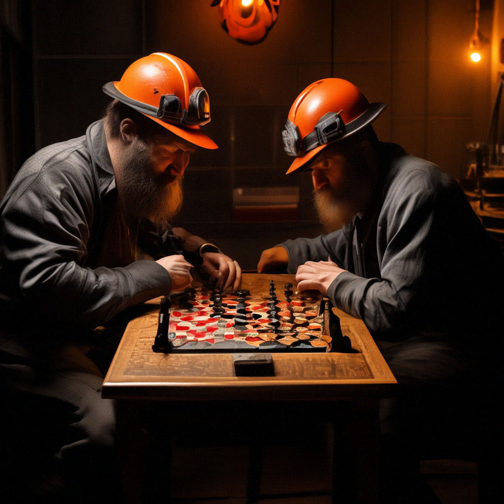 "The miners are playing a board game of checkers" — image created in ...