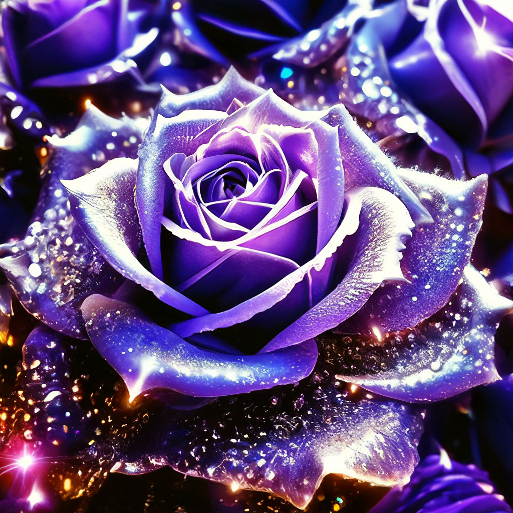 ". Fractal bioluminescence of very many violet Roses,white, silver ...