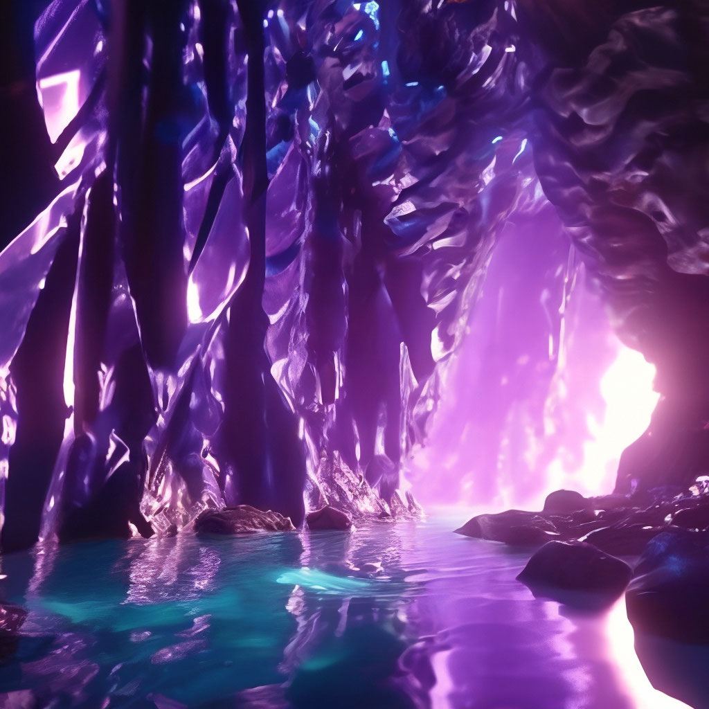 "A beautiful jade cave filled with purple glow and crystals along which ...