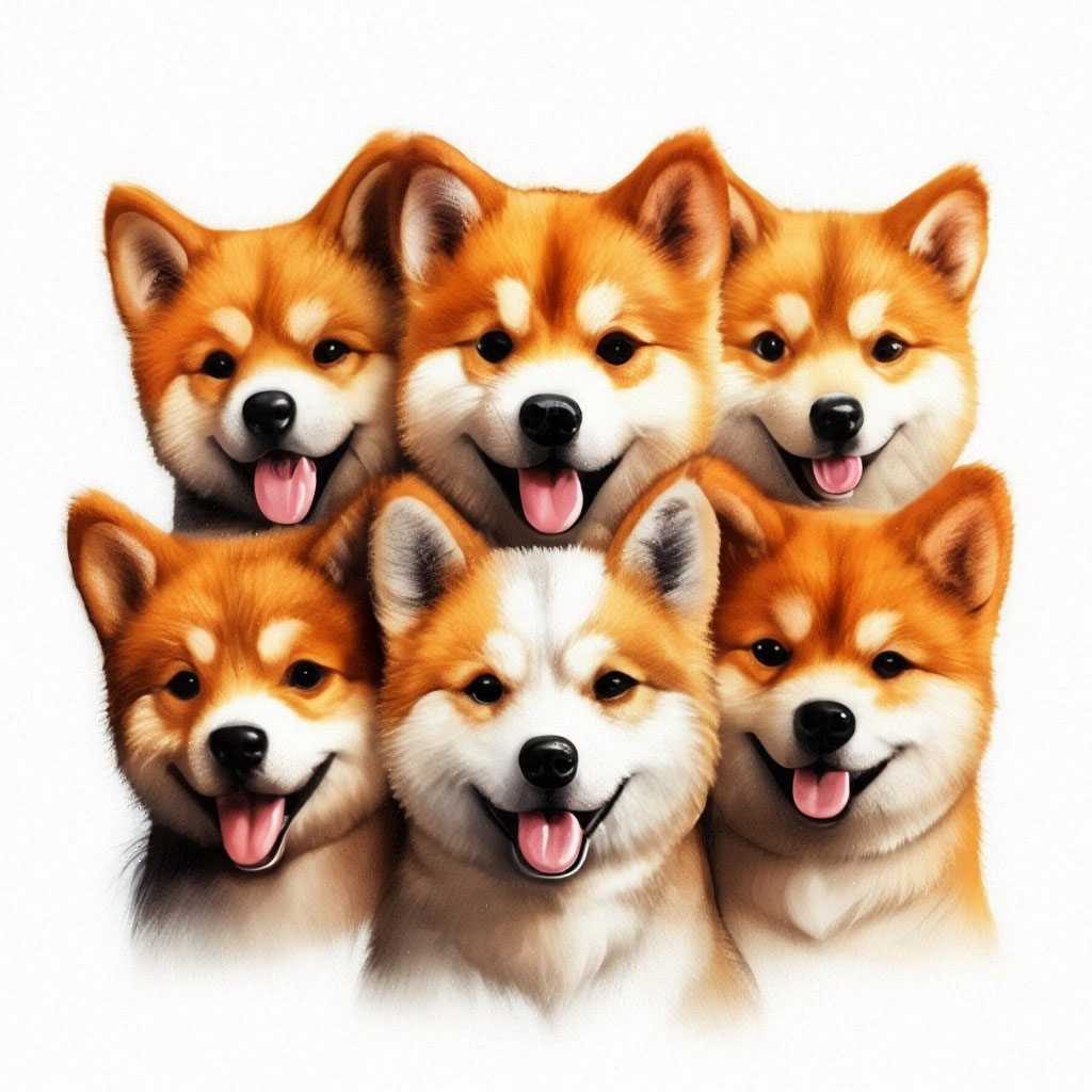 "Five cute funny cartoon Akita Inu puppies drawing eyes, fur, colored ...