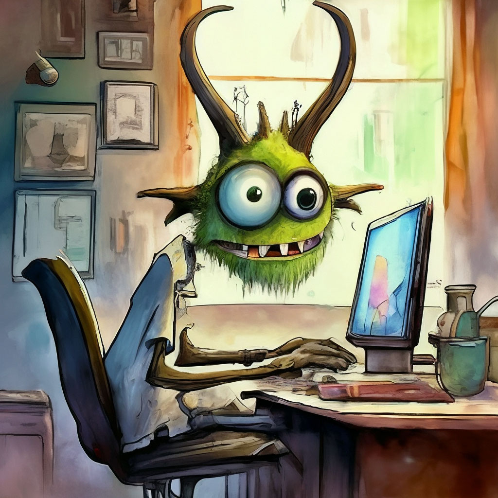 "Cartoon, funny disheveled skinny monster with horns sitting in an ...