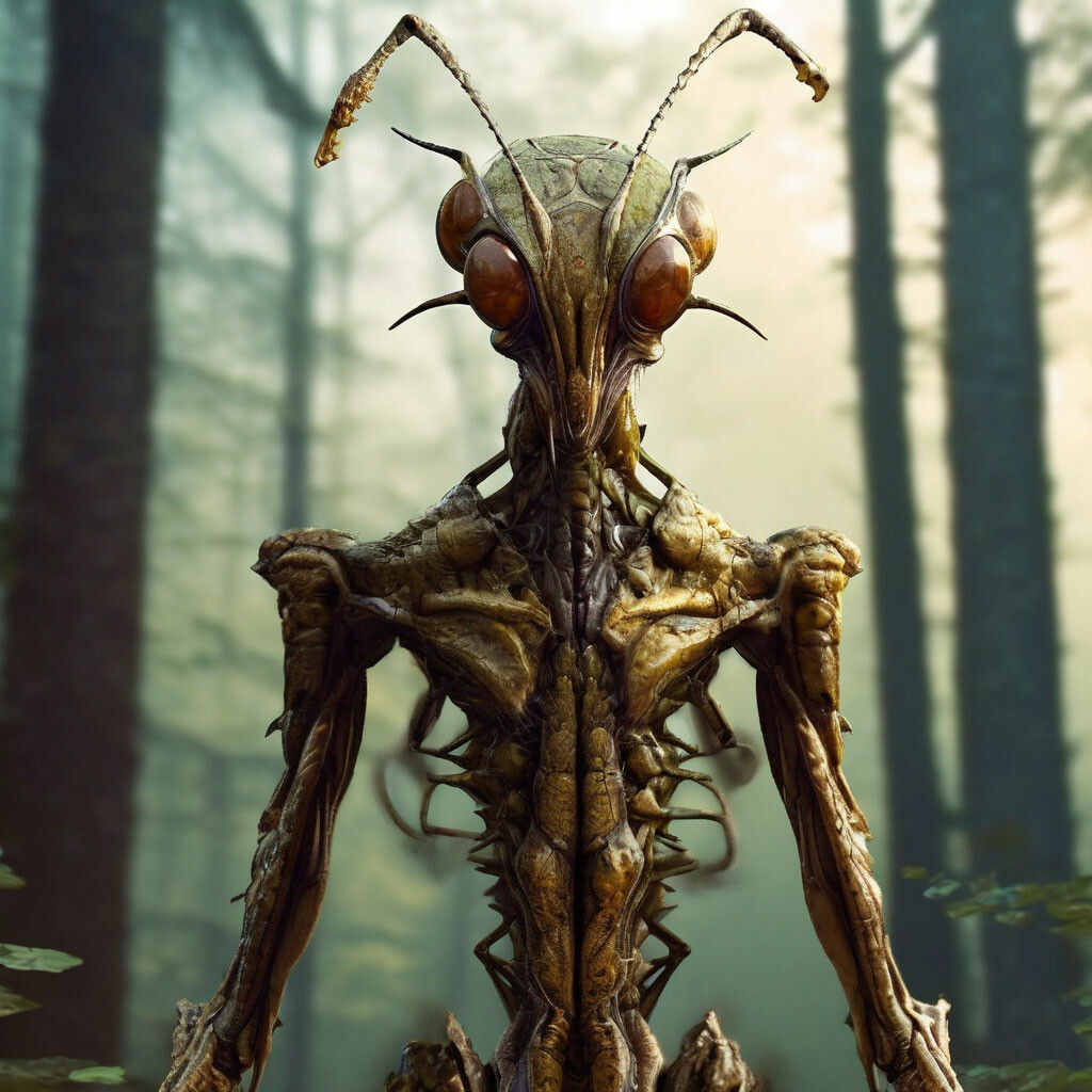 "Humanoid, insect, four amber eyes, large eyes, thick plates of chitin ...
