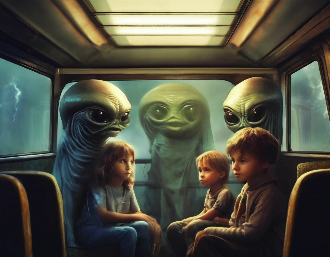 "Aliens kidnap a bus with children" — image created in Shedevrum