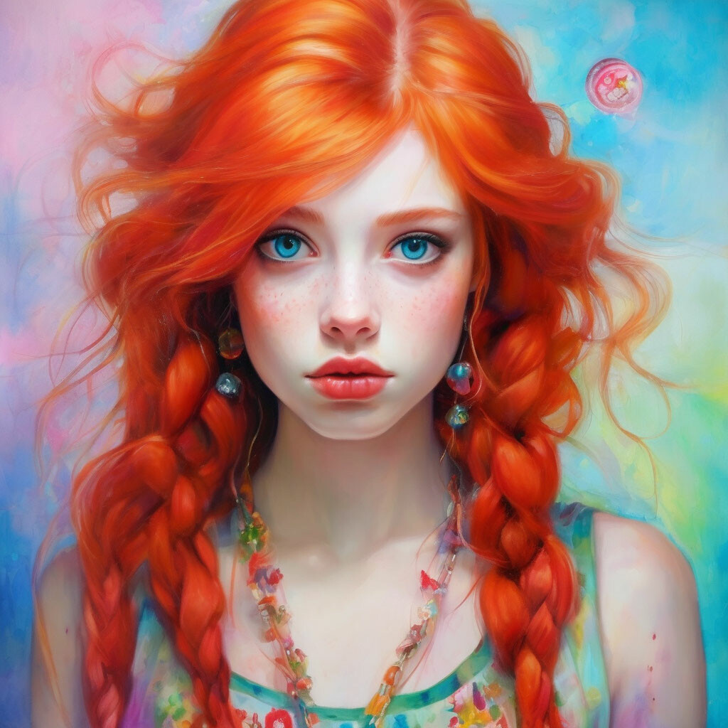 "Girl with a candy, braided red hair, pretty cute face, mixed media ...