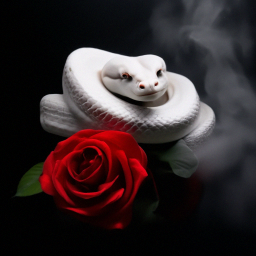 white python wrapped around a rose black red, grey smoky background ...
