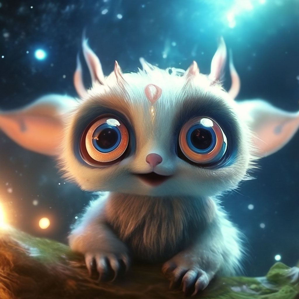 "Cute fairy-tale creature, huge eyes, surrealism, space, beautiful ...