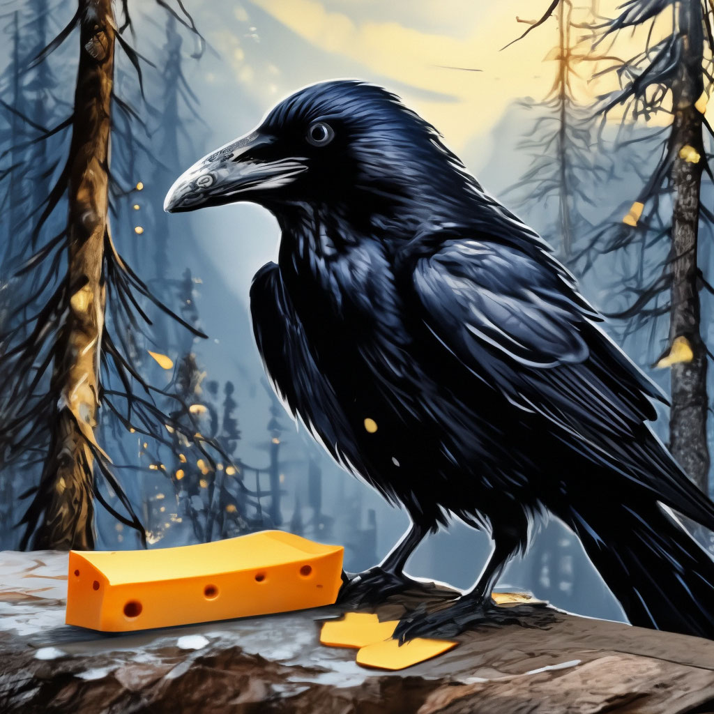 "The funny disheveled raven cawed at the top of its throat, the cheese ...