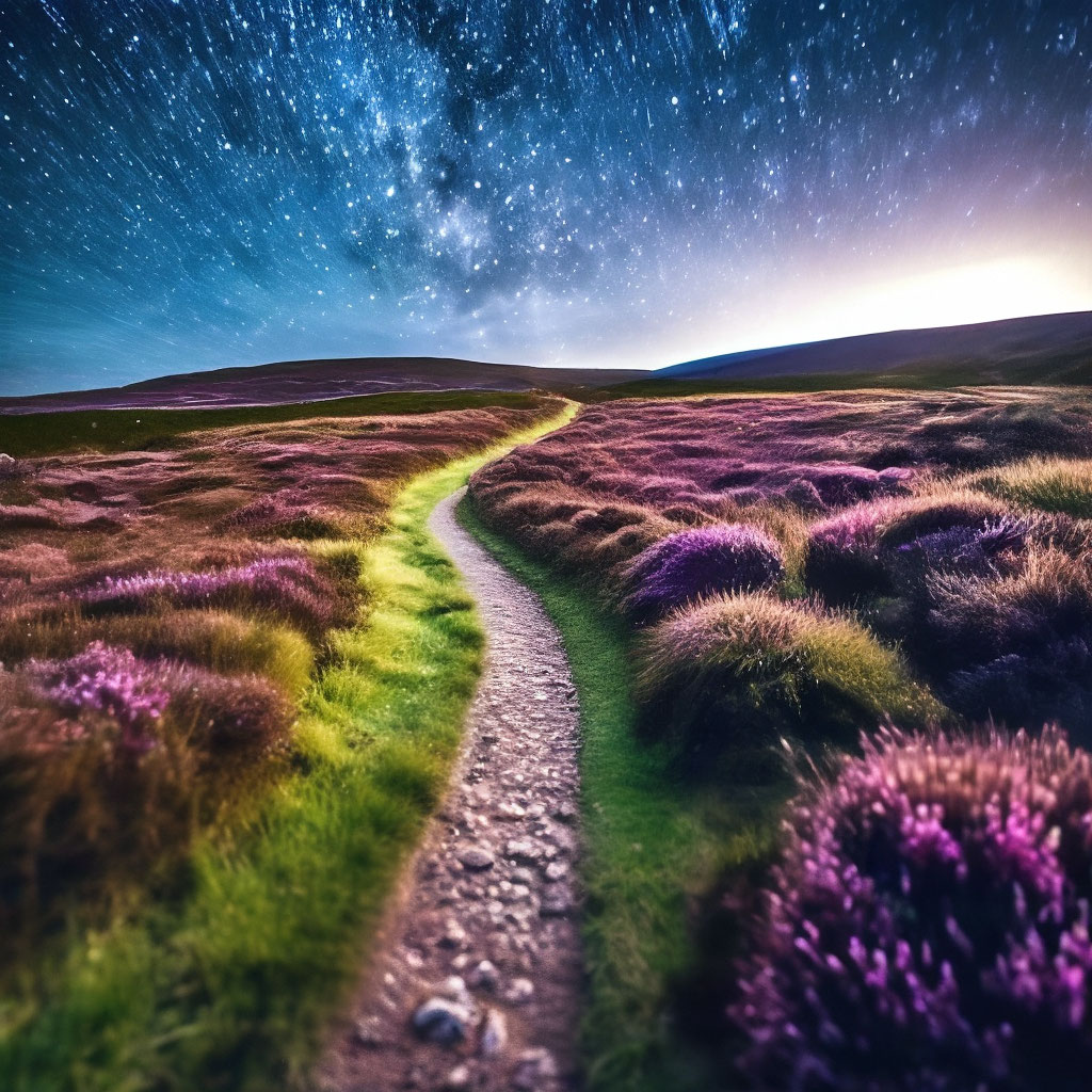 "Scottish expanses, a path through the steppe, starry sky, wide-angle ...
