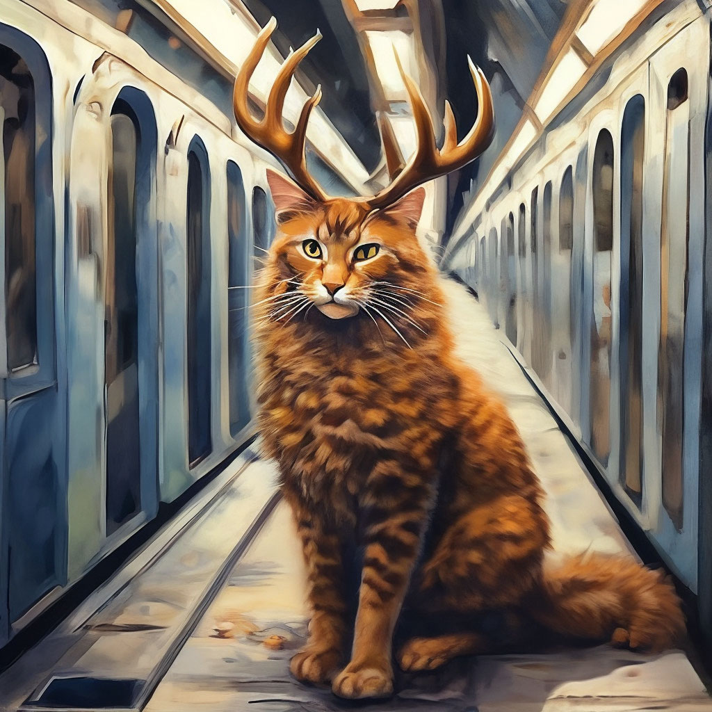 "Chestnut curly cat with deer antlers in an abandoned subway, elegant ...