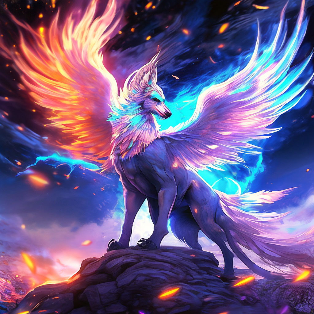 "Wolf +phoenix hybrid,epic,fabulous landscape,3d,horror, 16k,surrealism ...
