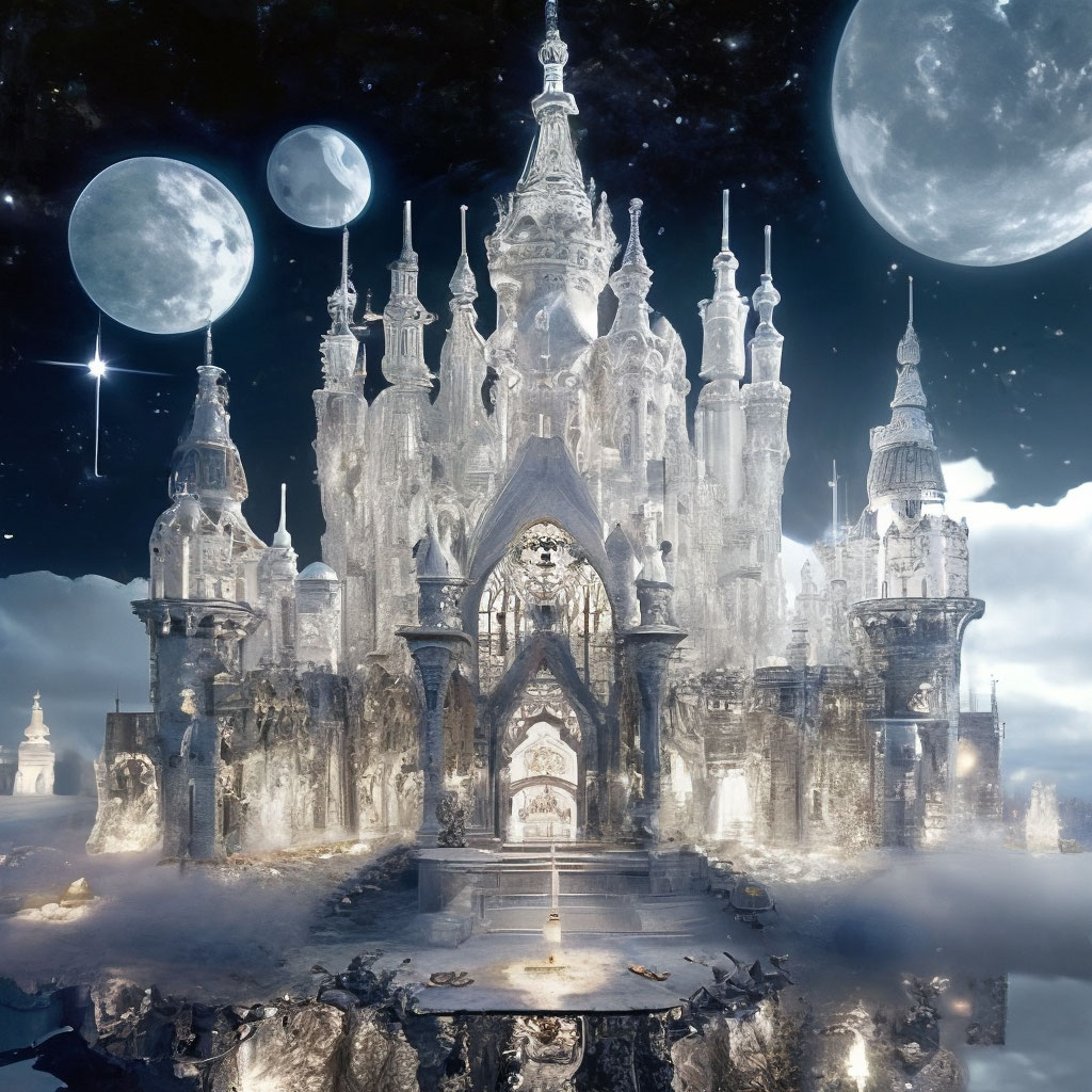 "Surrealism, a castle made of mirror fragments, in light silver tones ...