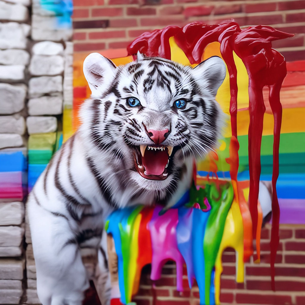 "Rainbow dripping effect A painted Large giant huge striped white tiger ...