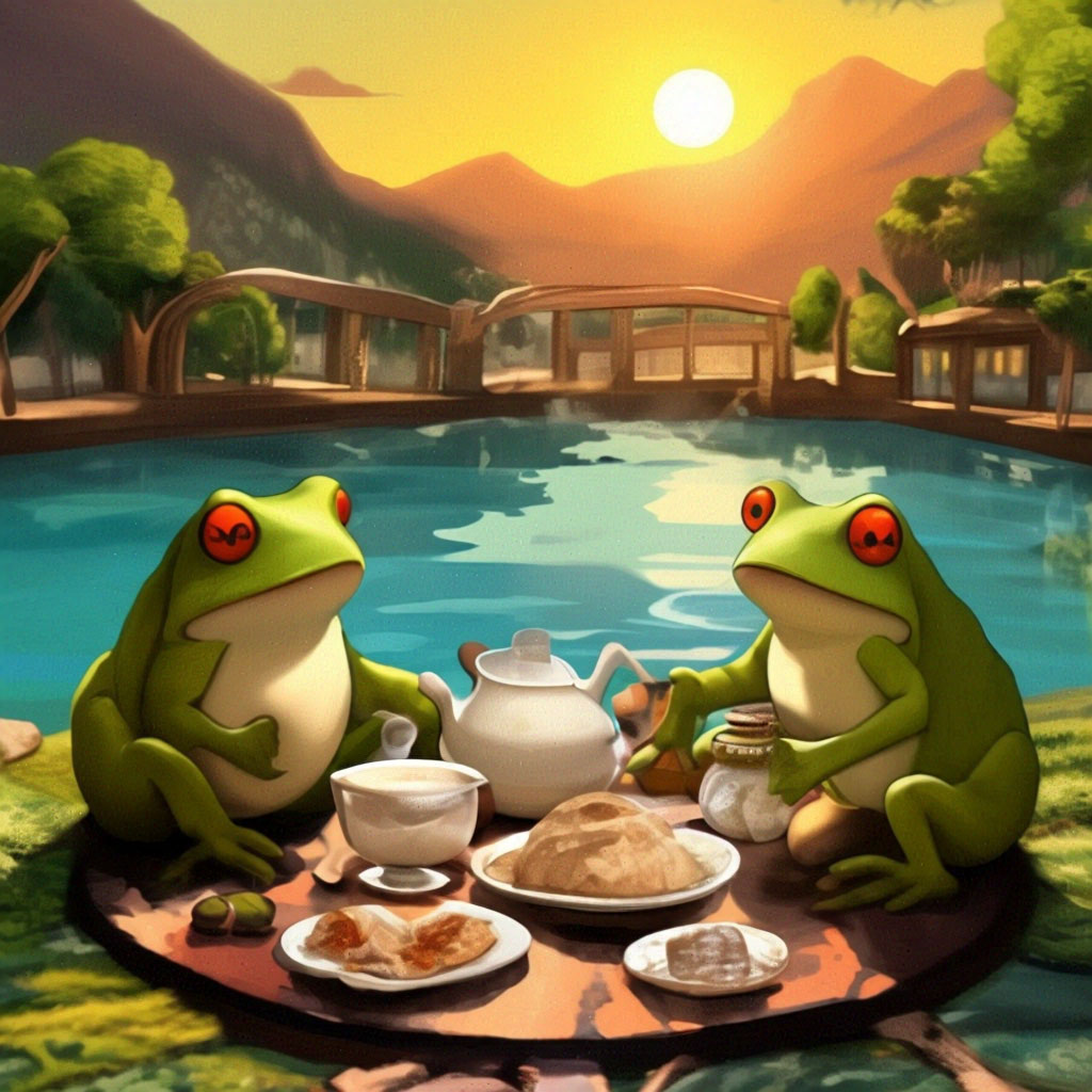 "Good morning, world! 🌍 art: lo-fi frogs company arranged a tea party ...