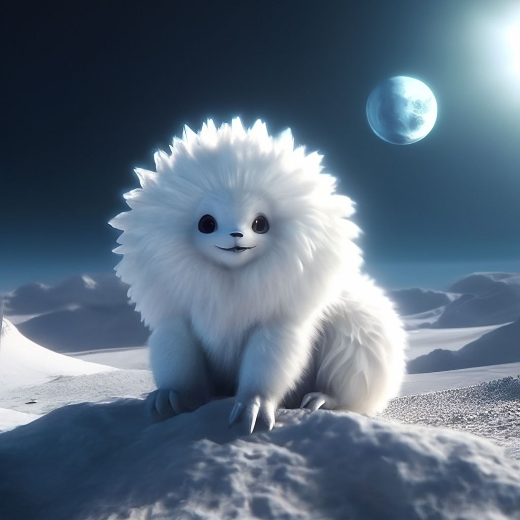 "A small fluffy alien beast of white color sits on the moon, beautiful ...
