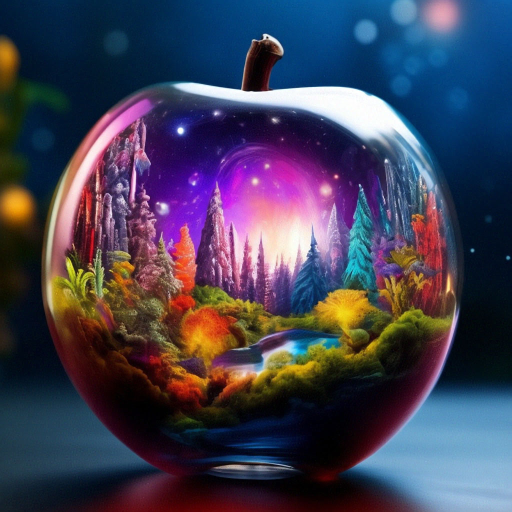 "In a glass apple, fantastic vegetation, epic,fabulous, space ...