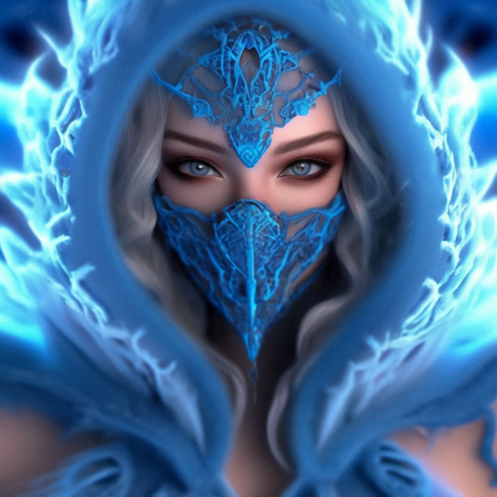 "ᅠ a girl in a blue lace floating mohair balaclava mask, bold look ...
