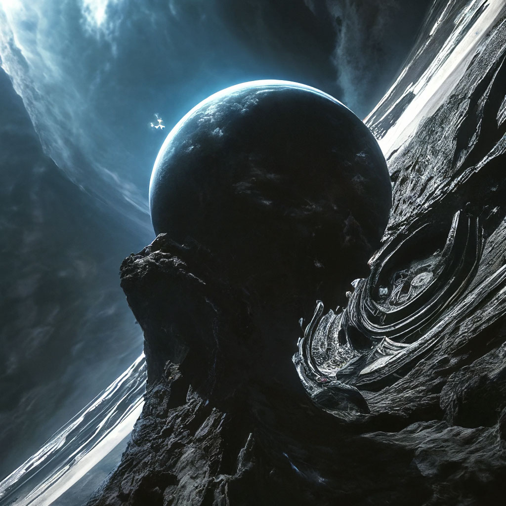 "Pitch darkness surrounds the black silhouette of titan without a face ...
