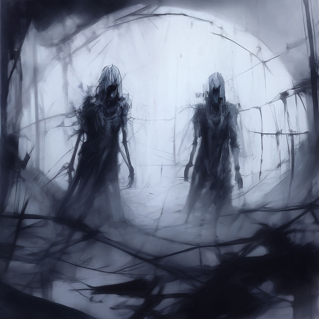 "Dark broken blurred figures of two necromorphs peep through thick fog ...