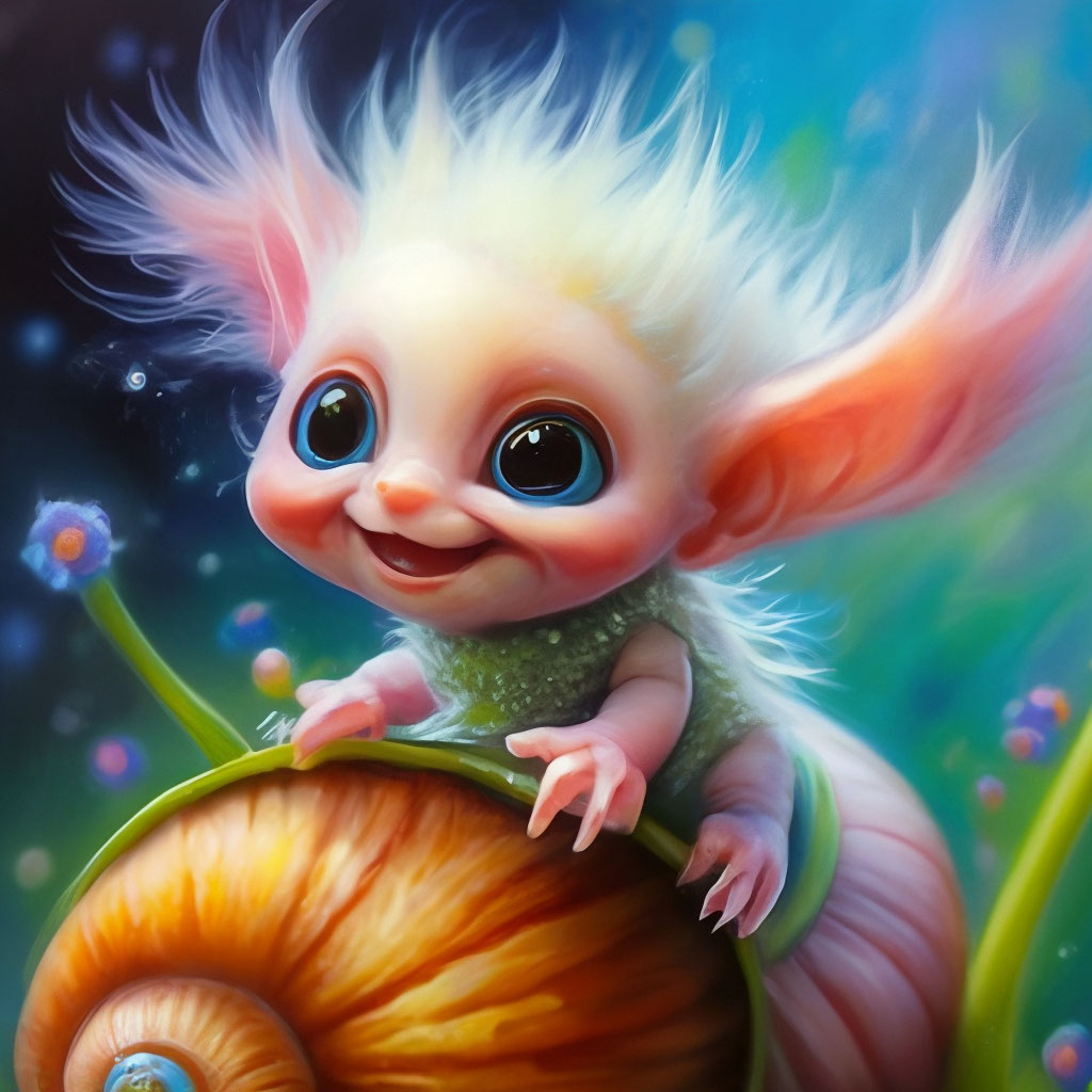 "In oil, a cute fluffy+downy baby troll elf on a funny-eyed snail cute ...