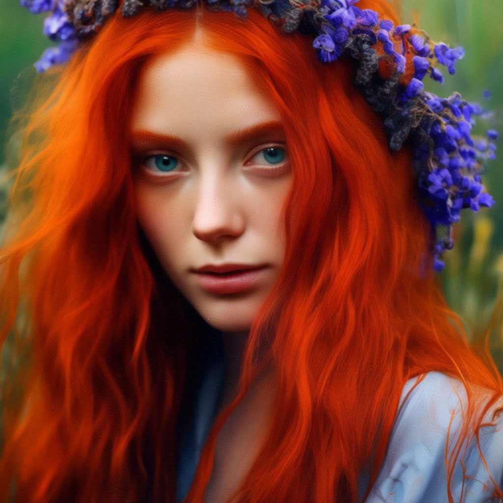 "Beautiful sad red-haired girl wearing a lavender wreath on her head ...