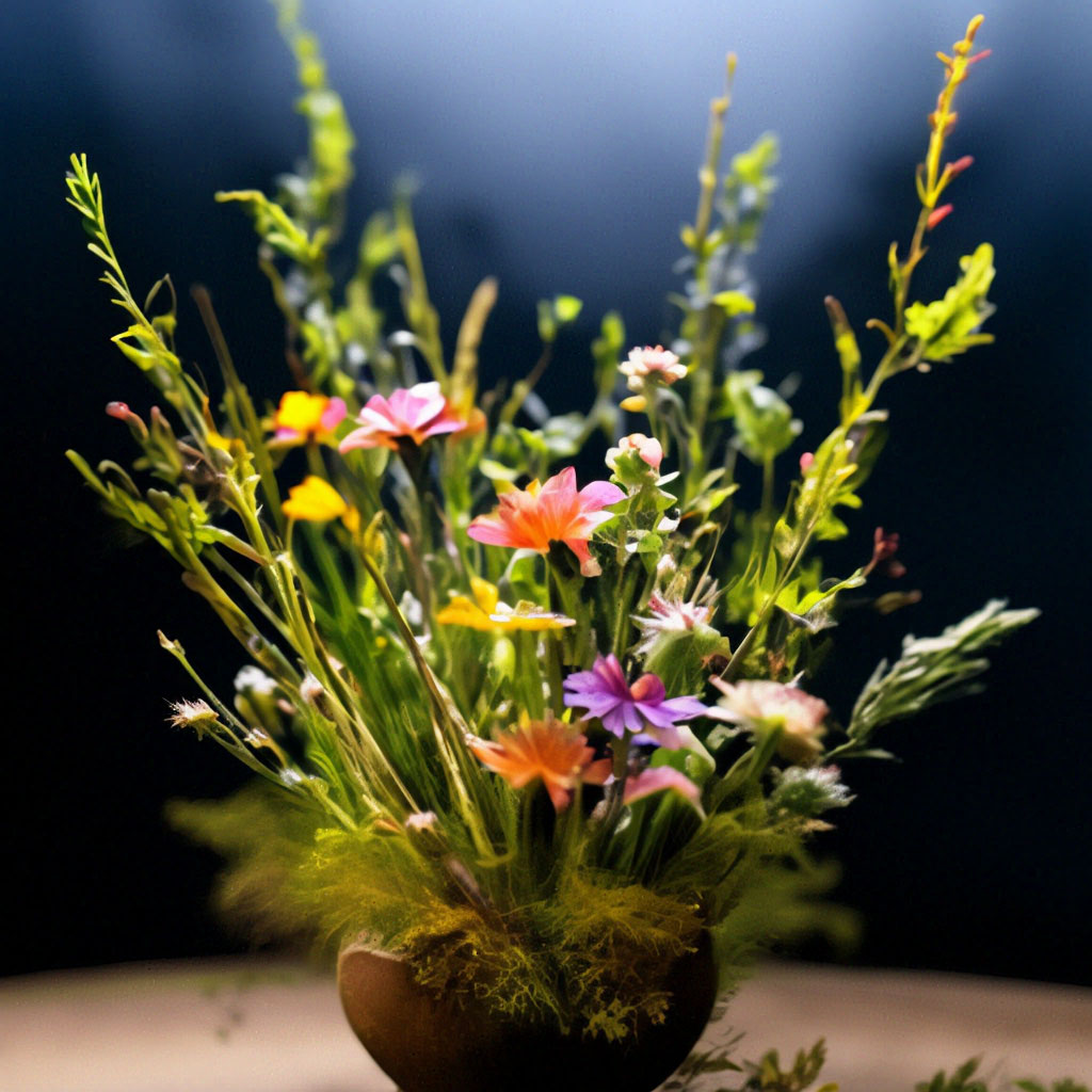 "Ekibana made of various field grasses and flowers,dry watercolor ...
