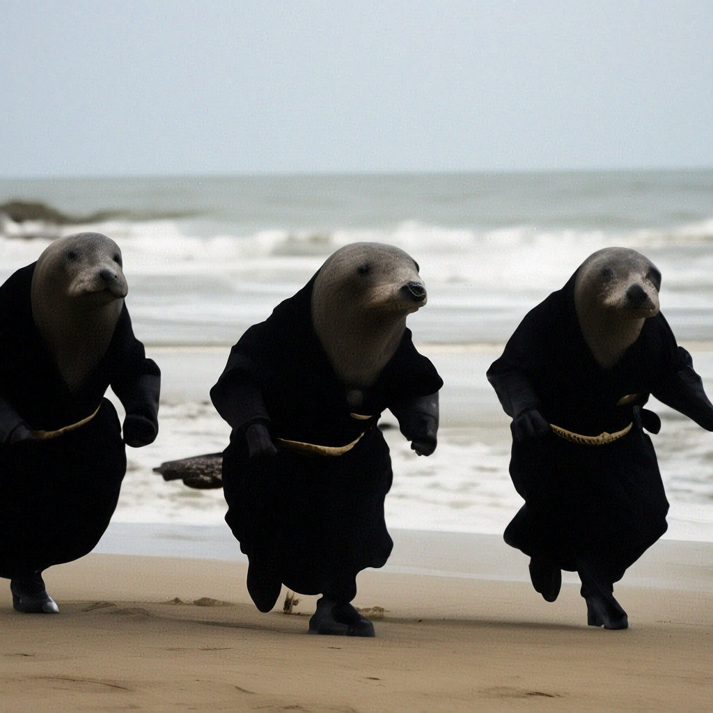 "Seals dressed as sentries running along the beach" — image created in ...