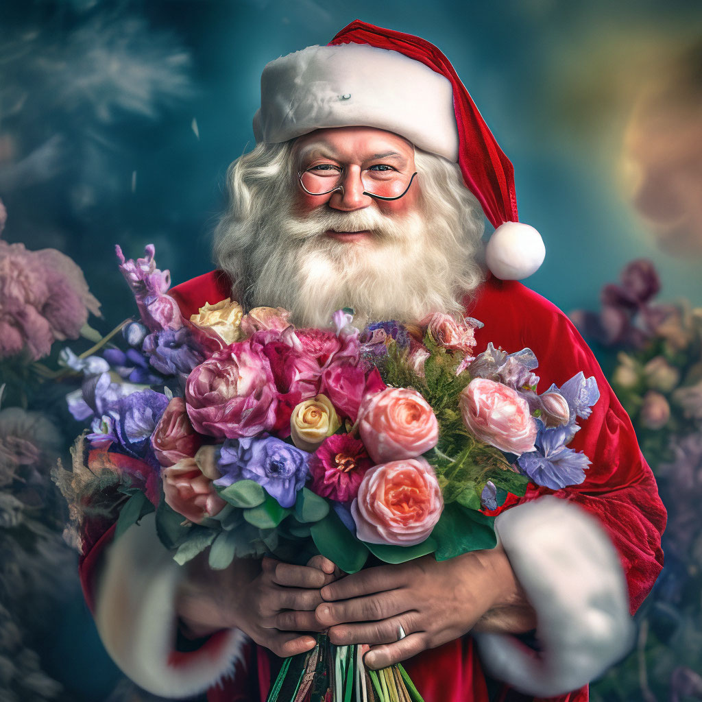 "Santa Claus holds a beautiful bouquet of flowers in his hands ...