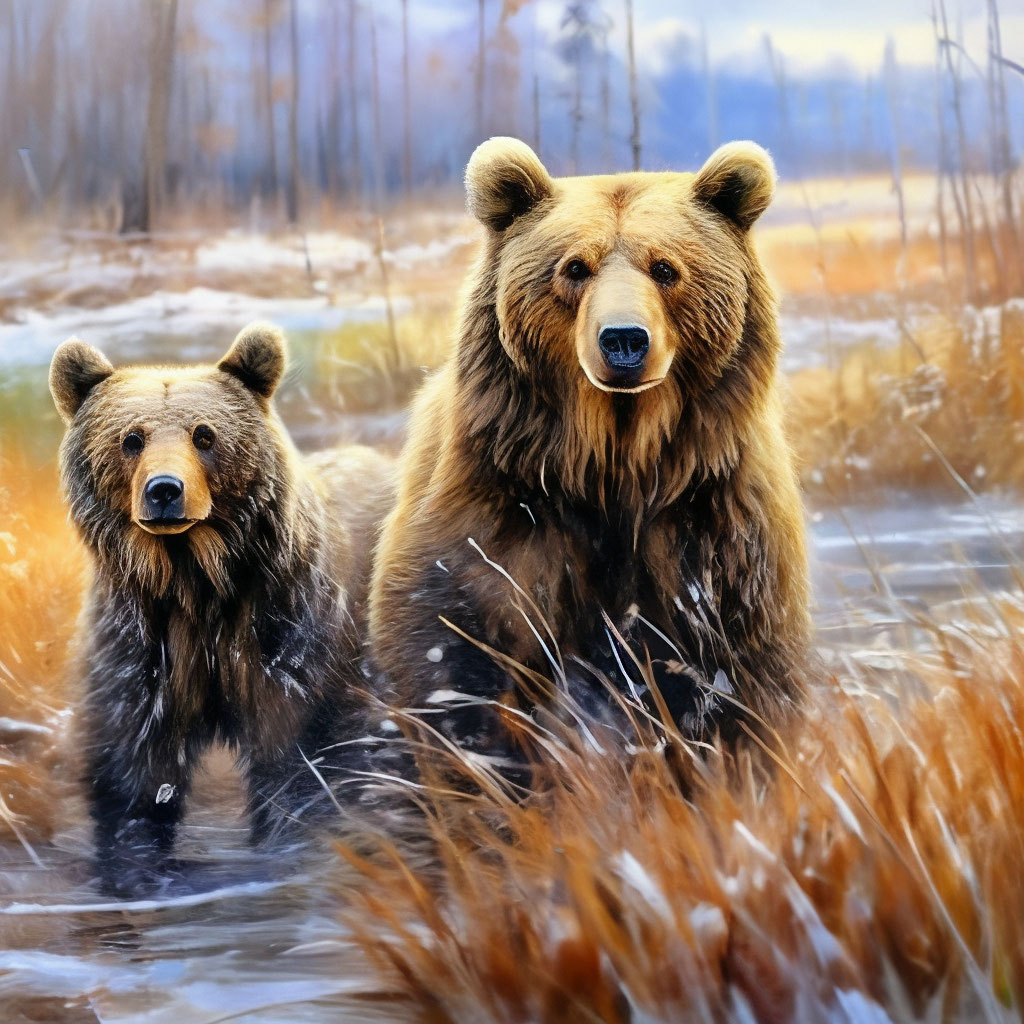 "The Bear Family at the beginning of spring, nerd art, motley grass ...