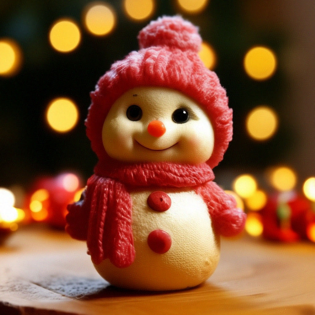 "A snowman made of dough, rosy cheeks, eyes made of glaze sparkle with ...