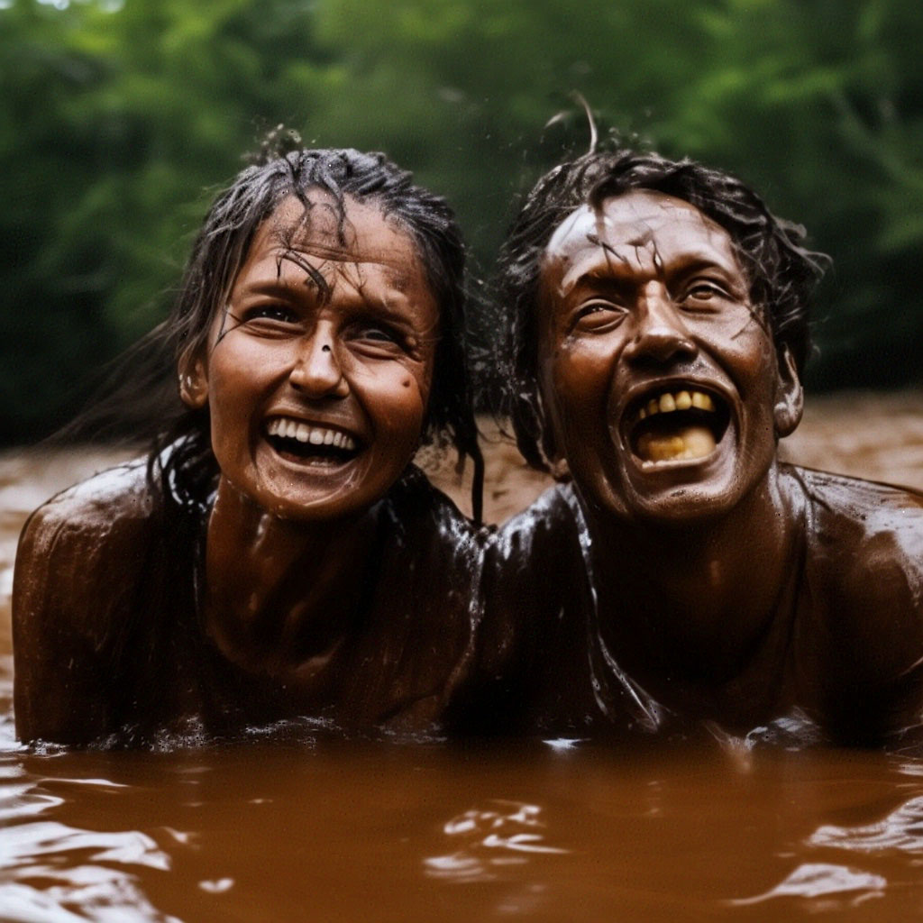 "🫥 a woman and a man fall out and wallow in slippery brown mud from a ...