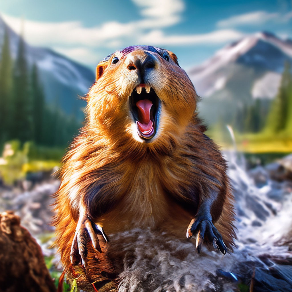 "Beaver yells in the mountains meme, funny, caricature. Front view ...