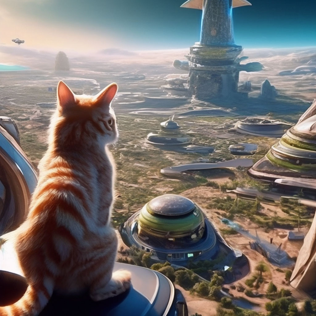 "Humanoid cat, alien planet, fantastic landscape, alien city, happiness ...