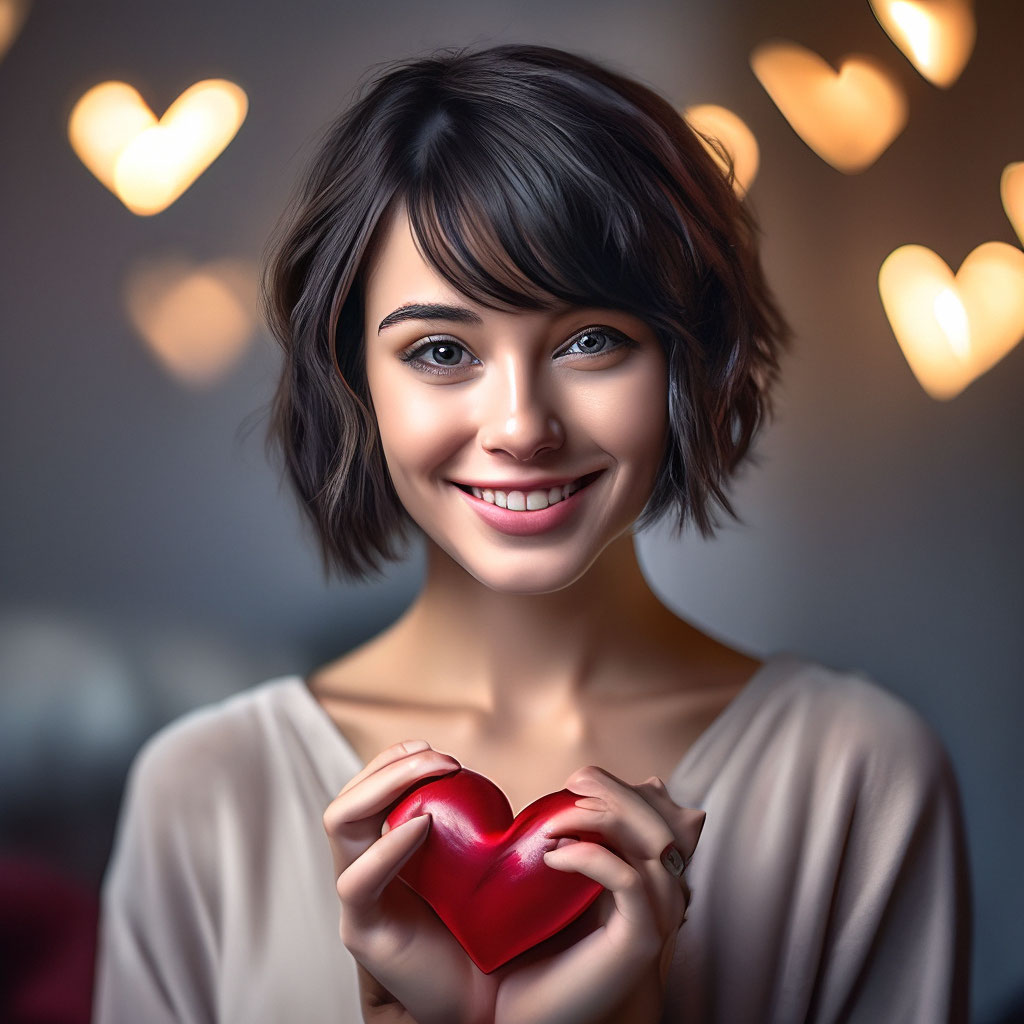 "Hello there! 😘 Happy girl, dark short hair, holding a heart in her ...