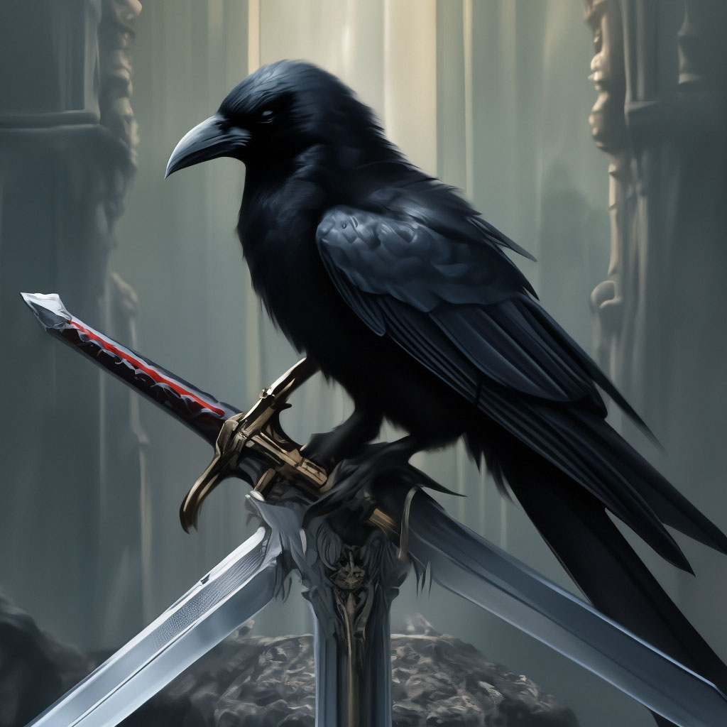 "The sword pierced into the skull, and a black one sat on the sword ...