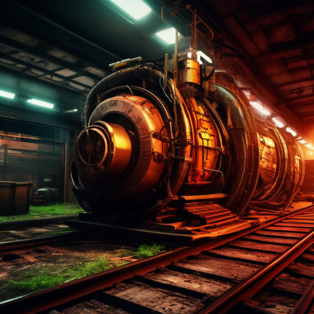 "A large, vertical working generator at the bottom of an abandoned ...